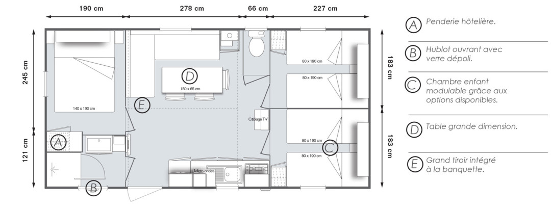 Plan Mobil-Home OHara | Camping Le Pin Parasol*** Saint-Thibéry